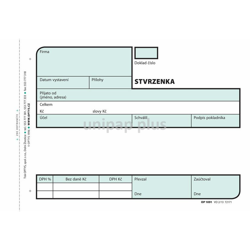 příjmový pokladní doklad samopropisovací 2 x 50 listů nečíslovaný Optys